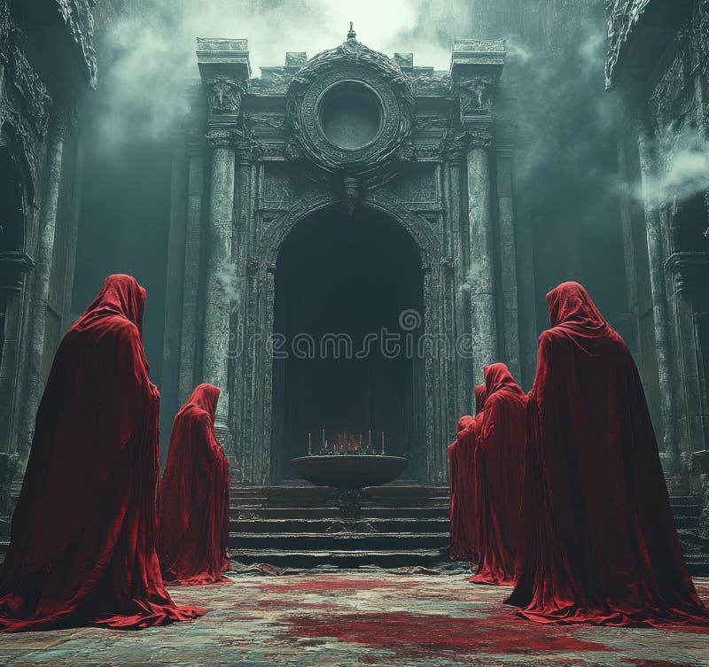 Cultists in Red Robes Perform a Dark Ritual in an Ancient Throne Room ...