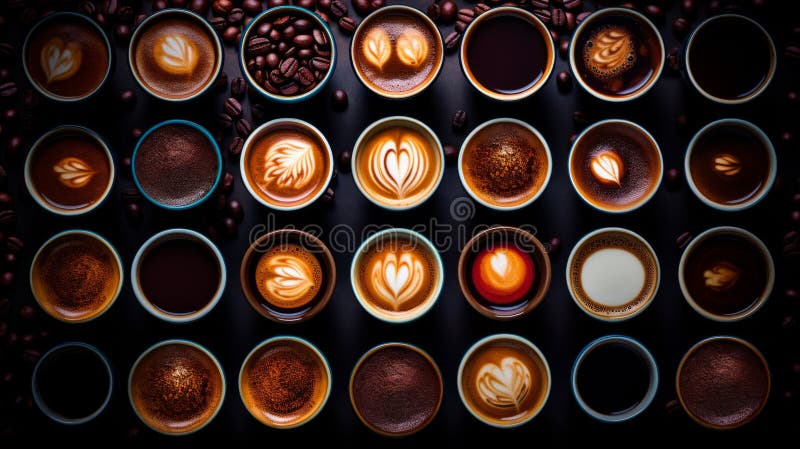 A Group of Cups of Different Types of Coffee. Cups on a Wooden Table ...