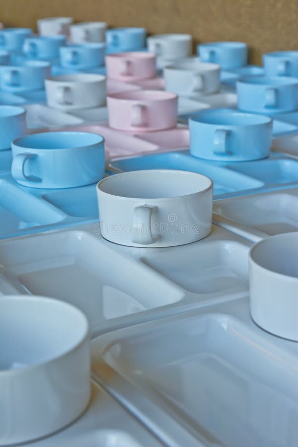 Group of Cups and Plates for Serving Stock Photo - Image of cafeteria ...