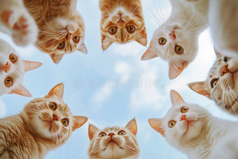 Group of Curious Cats Forming a Circle and Looking Down at the Viewer ...