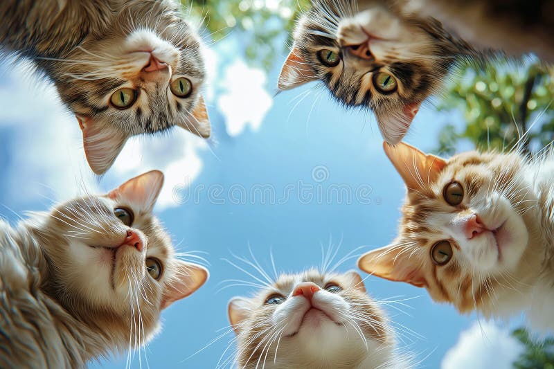 Group of Curious Cats Forming a Circle and Looking Down at the Viewer ...