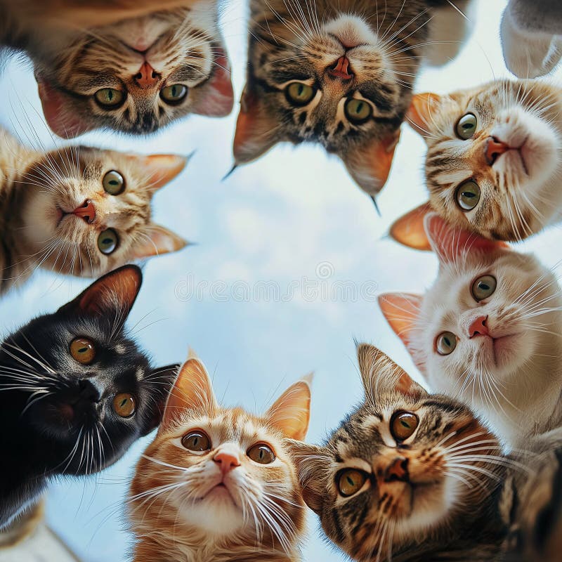 Group of Curious Cats Forming a Circle and Looking Down at the Viewer ...