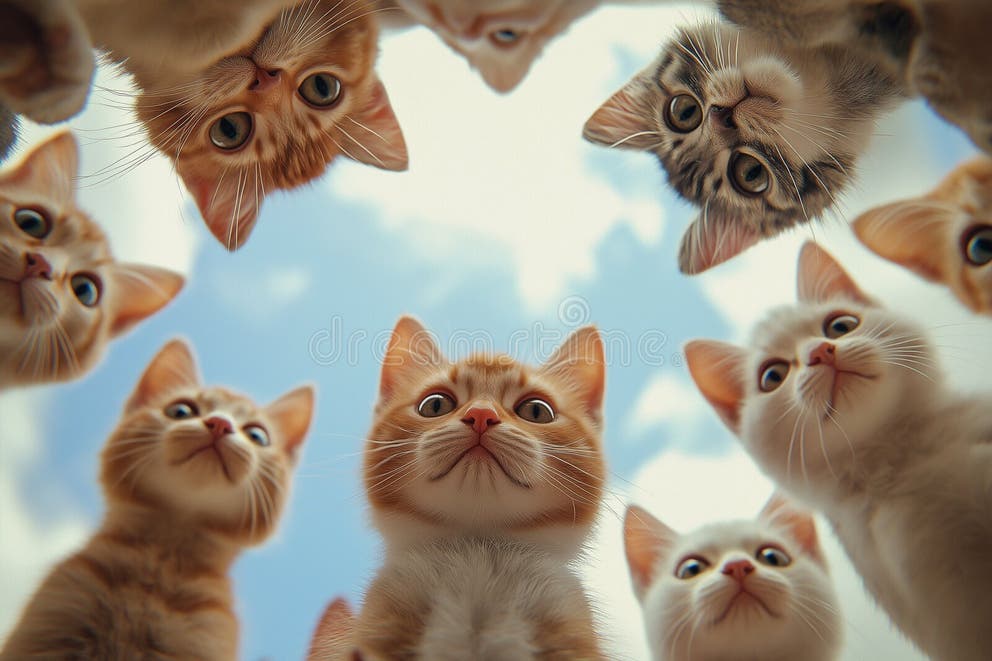 Group of Curious Cats Forming a Circle and Looking Down at the Viewer ...