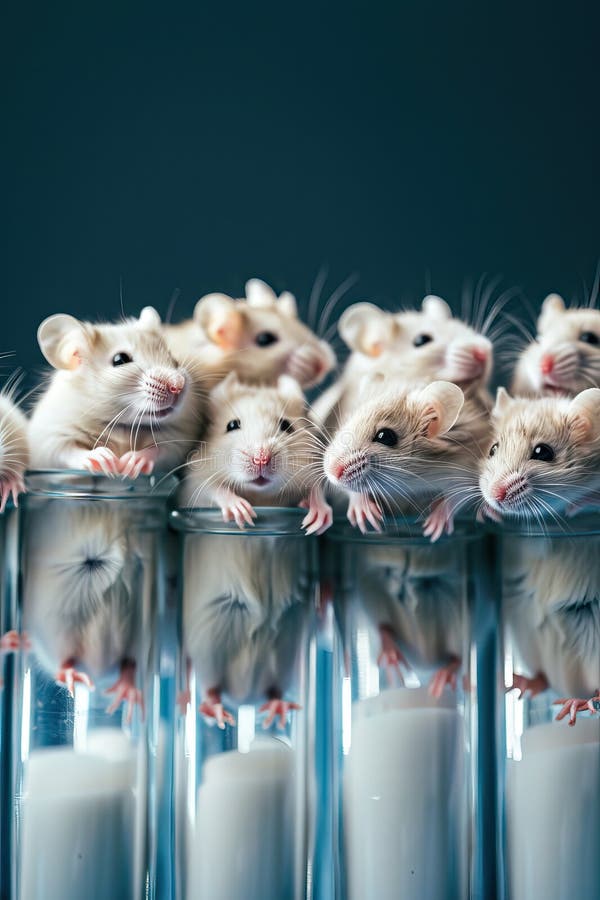 Group of Curious White Mice Gathered on the Edge of Glass Tubes in a ...