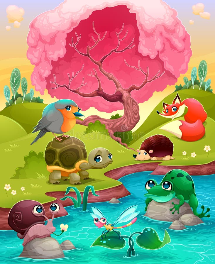 Group of Cute Animals in the Countryside Stock Vector - Illustration of ...