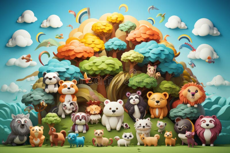 A Group of Cute Animals in Front of a Tree Stock Illustration ...