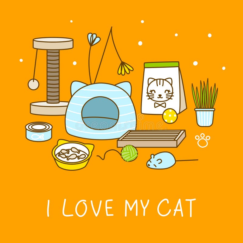 Group of Cute Cat Items on Orange Background - Cartoon Objects for ...