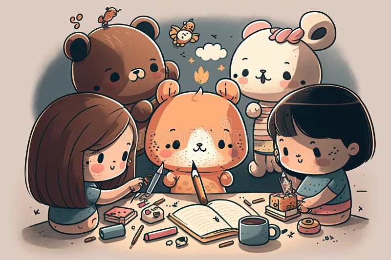 Group of Cute Characters Drawing Together, Sharing Creative Process ...