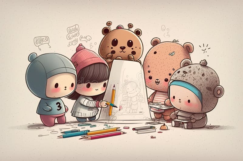 Group of Cute Characters Drawing Together, Sharing Creative Process ...