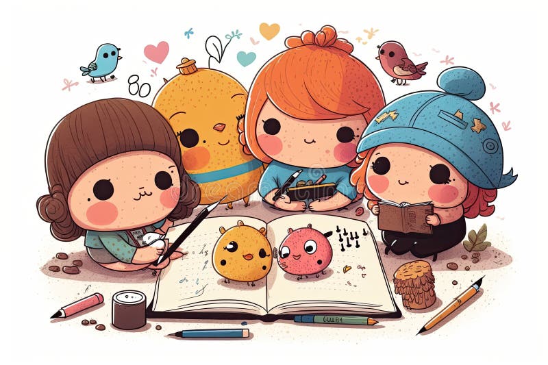 Group of Cute Characters Drawing Together, Sharing Creative Process ...