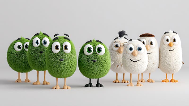 Group of Cute Fluffy Cartoon Birds 3D Render White Background Stock ...
