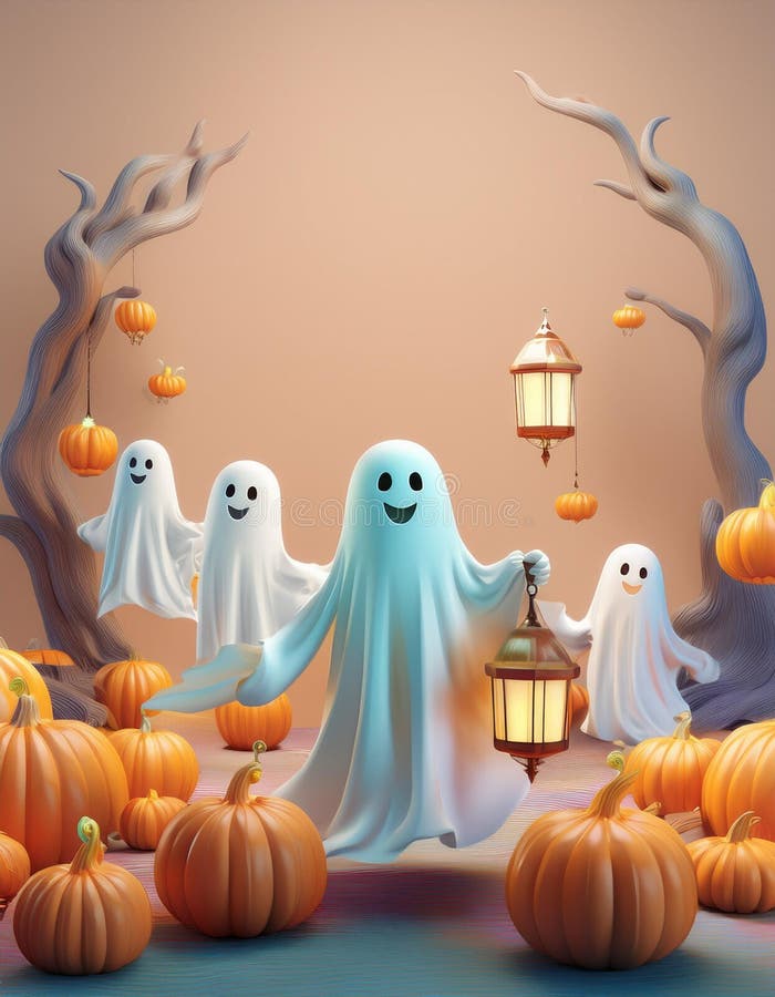 A Group of Cute Friendly Ghosts Floating Around a Pumpkin Patch, Each ...