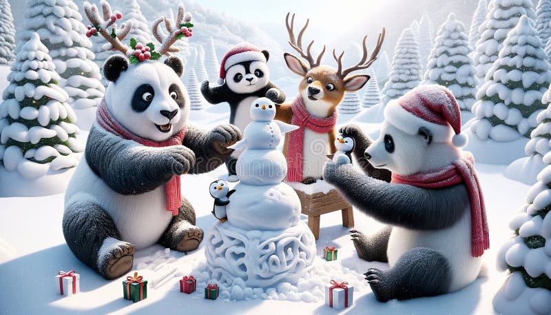 A Group of Cute Friends Making a Snowman in Forest Stock Illustration ...