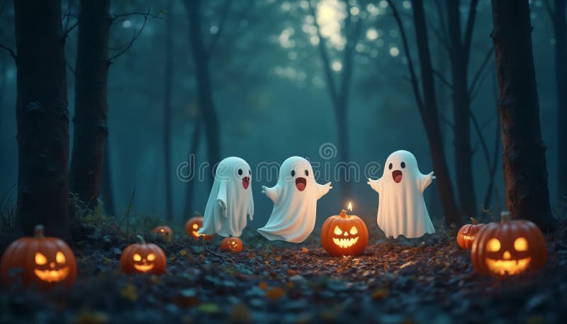 A Group of Cute Ghosts in the Forest at Night Celebrating Halloween ...