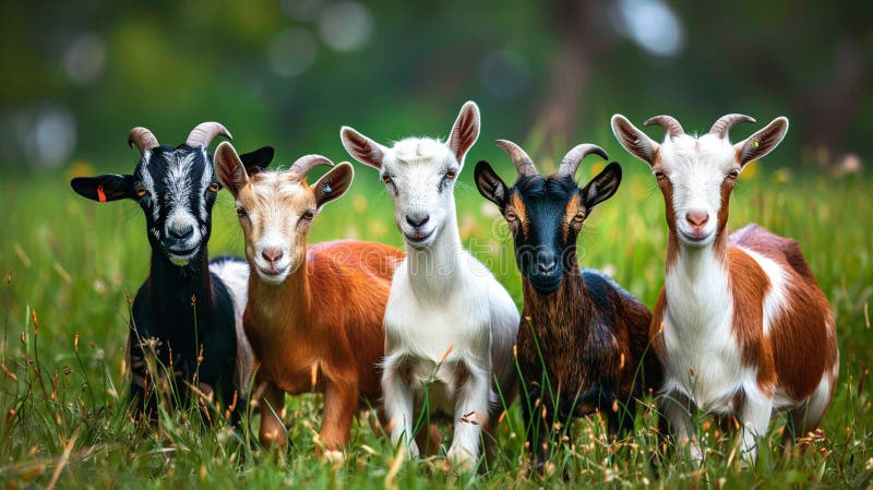 Group Cute Goats Gamboling in Green Pastures . Generative Ai Stock ...