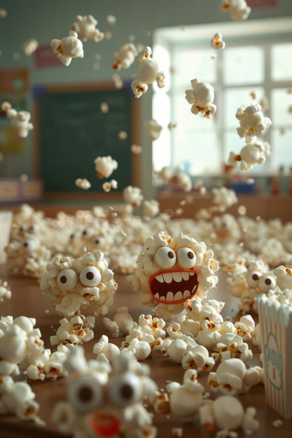 A Group of Cute Popcorn Characters in a 3Drendered Classroom, One ...