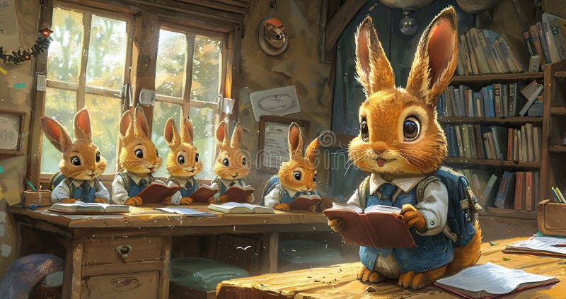 Cute Rabbits in a Classroom Stock Illustration - Illustration of ...