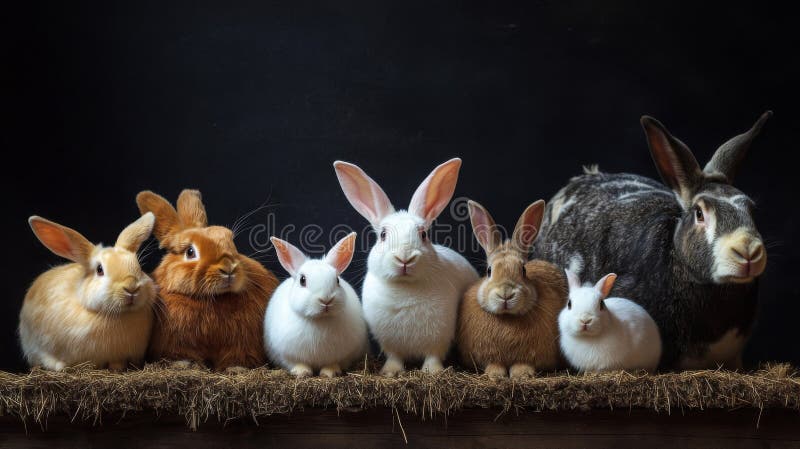 Group of Cute Rabbits Sitting Together Against Dark Background Stock ...