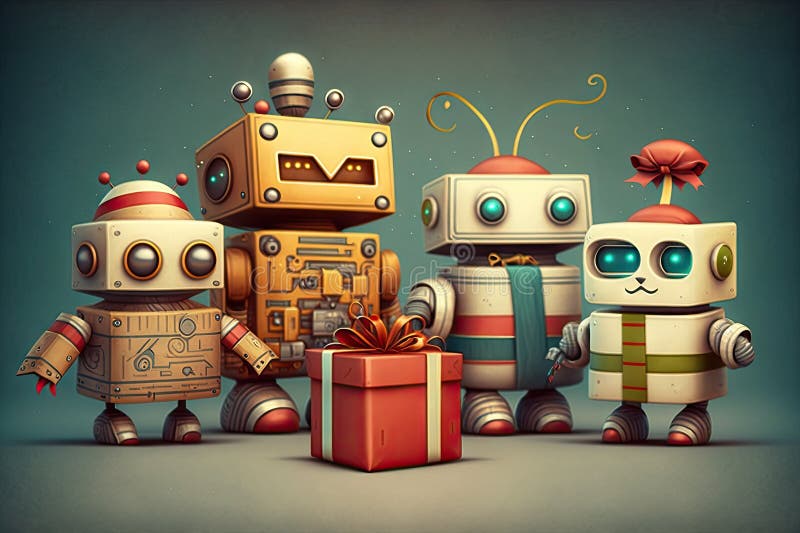Group of Cute Robots, Each with a Different Gift Box, Surrounded by ...