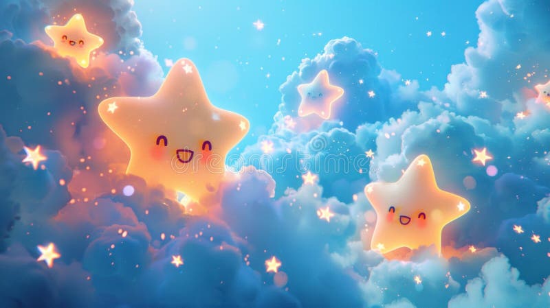 A Group of Cute Stars Floating in the Sky, Surrounded by Soft Clouds ...