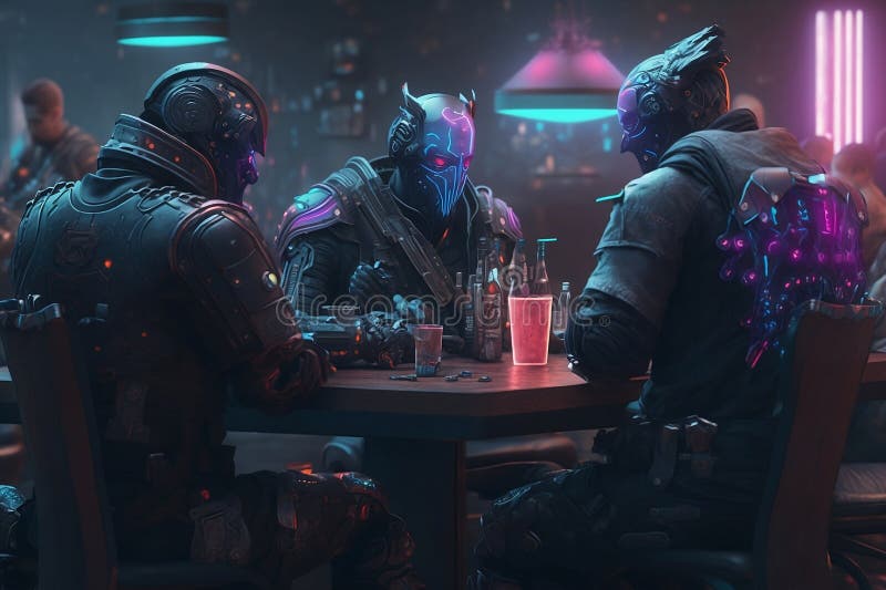 Group of Cyborgs Sitting at the Table at Night Club. Stock Illustration ...