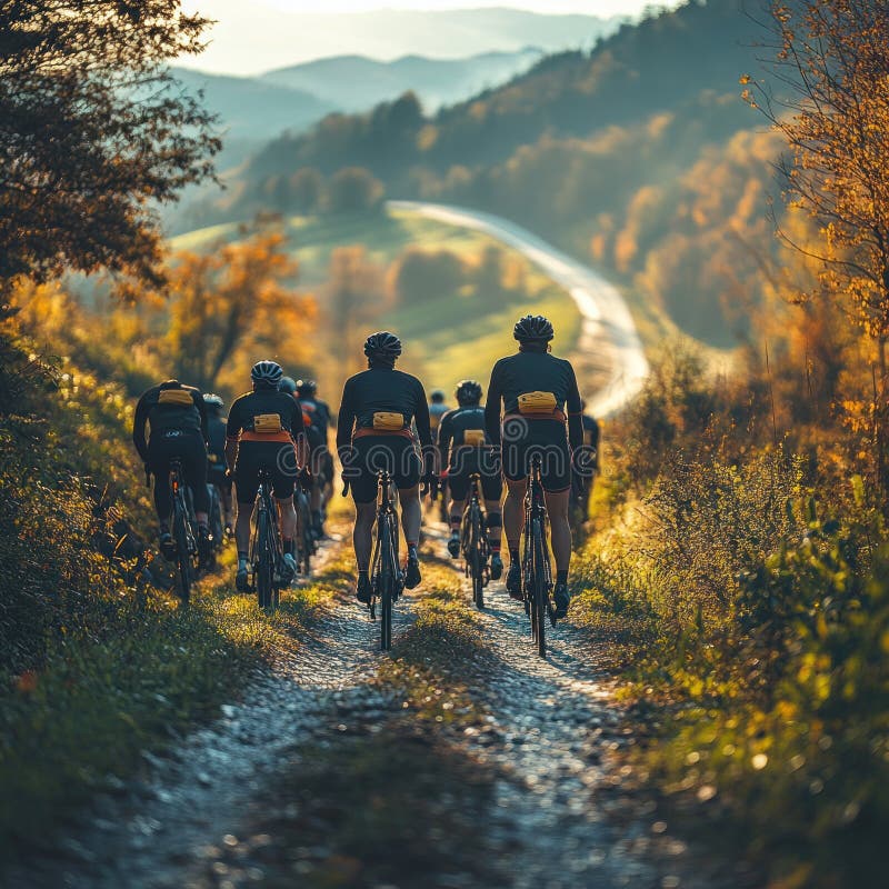 A Group of Cyclists Riding on a Scenic Dirt Path through Autumn Foliage ...