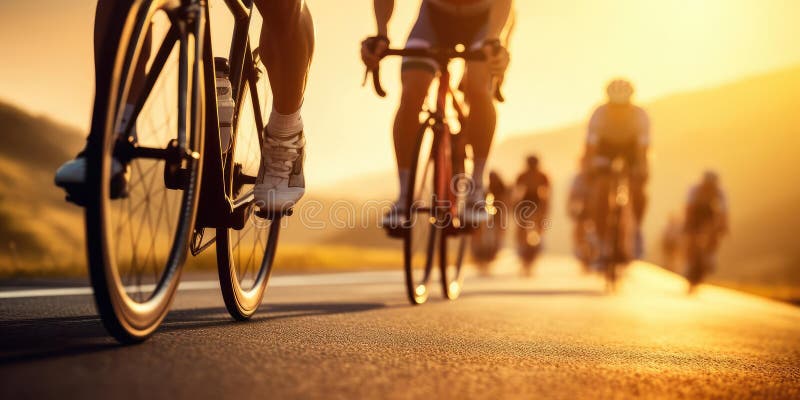 A Group of Cyclists at Sunset Stock Illustration - Illustration of ...