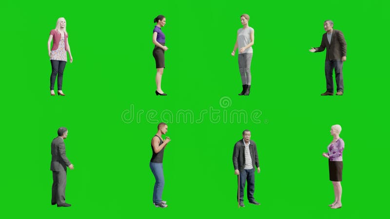 Group of 3D Character Standing and Talking on Green Screen Stock ...
