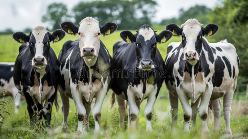 A Group of Dairy Cows Standing in a Row, Looking Curiously Stock ...