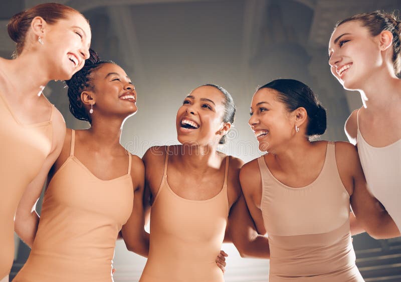 Group, Dancer and Hug of Ballet, Laughing and Smile for Celebration of ...