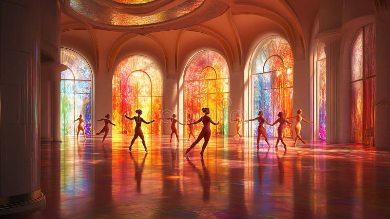 A Group of Dancers in a Grand Hall with Stained Glass Windows Stock ...