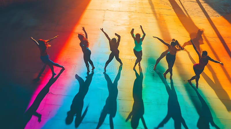 Group of Dancers Performing in a Brightly Lit Space, Their Shadows ...