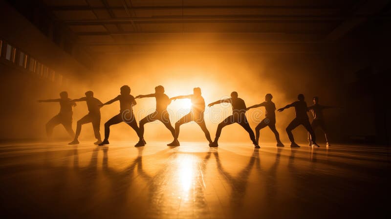 Group of Dancers Performing Synchronized Moves in Dramatic Lighting ...
