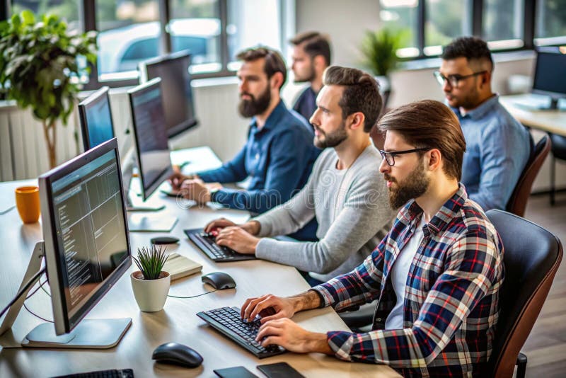 Group Of Dedicated Programmers Coding On Computers Collaborating In A
