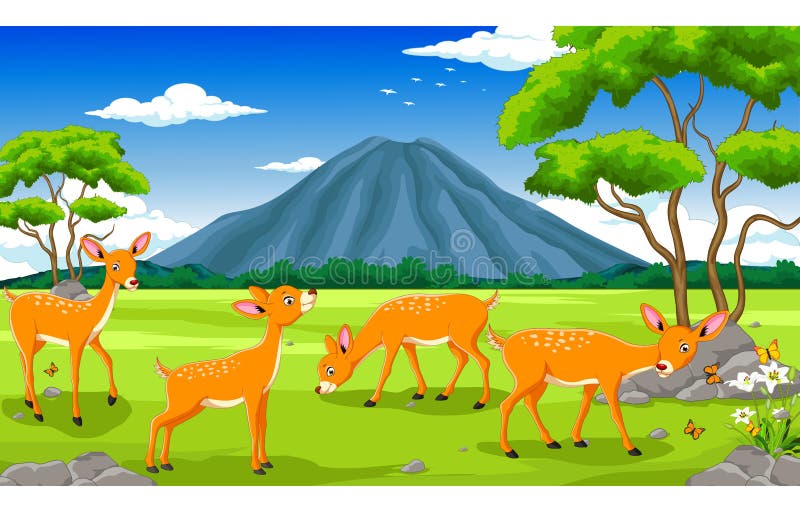 Group of Deer Cartoon Cartoon with Landscape Background Stock ...