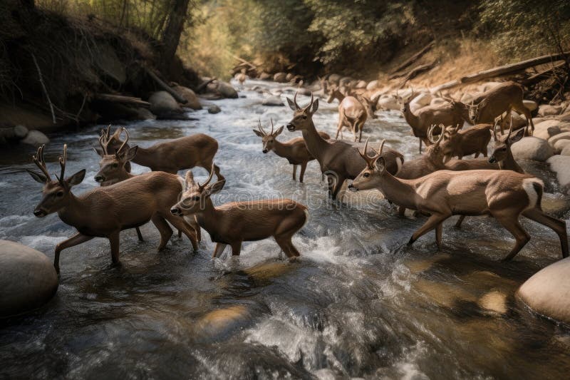 Group of Deer Crossing a Mountain Stream. Generative AI Stock ...