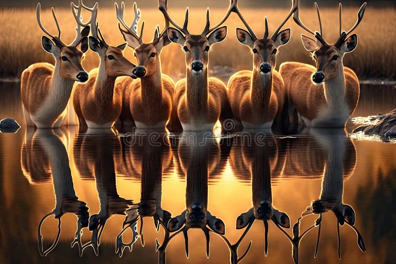 Group of Deer, with the Sun Shining Behind Them, Looking at Their ...