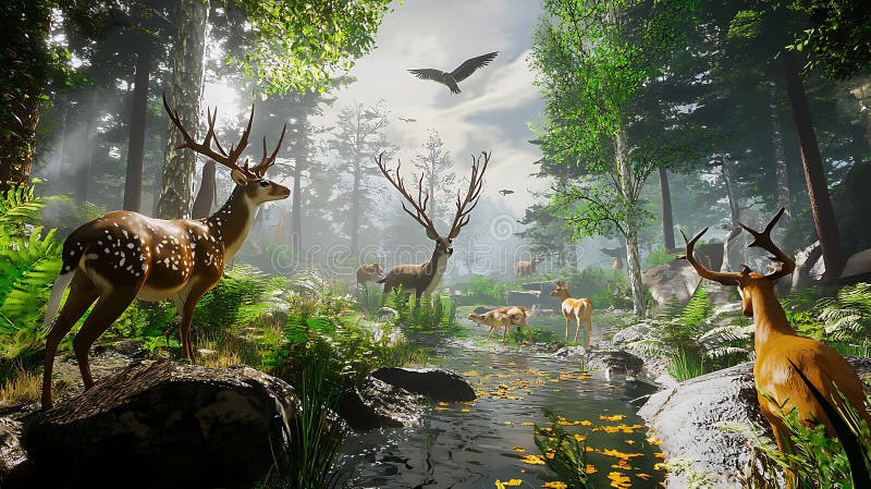 A Group of Deer are Walking through a Forest with a Bird Flying ...