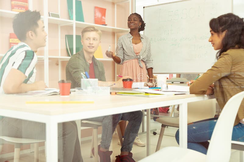 Group of Delighted Students that Practicing Language Stock Photo ...