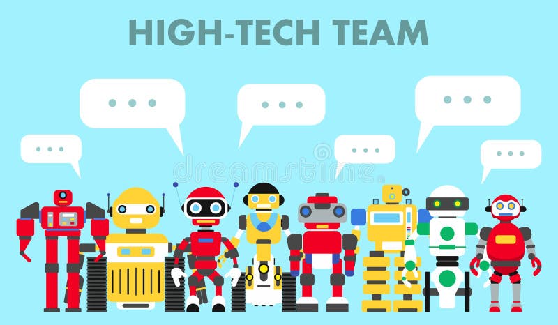 Group of Different Abstract Robots Standing Together and Speech Bubble ...