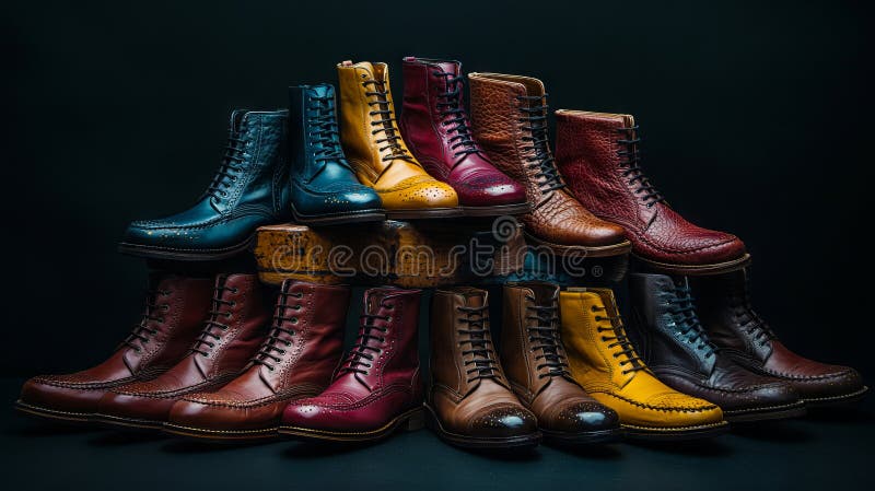 A Group of Different Colored Boots Sitting on Top of Each Other Stock ...
