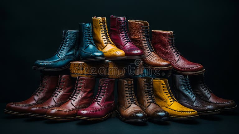 A Group of Different Colored Boots Sitting on Top of Each Other Stock ...