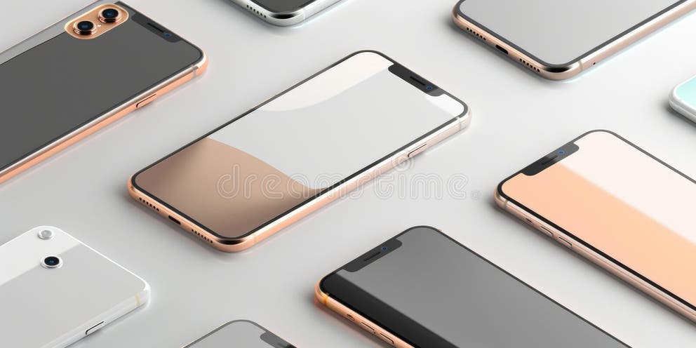 Group of Different Colored Cell Phones on a White Surface. Suitable for ...