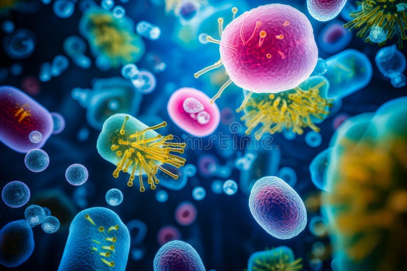 Group of Different Colored Cells in Blue Background with Bubbles ...