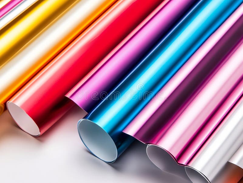 A Group of Different Colored Metallic Foil Rolls on a White Surface ...