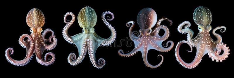 A Group of Different Colored Octopuses on a Black Background, Imitation ...