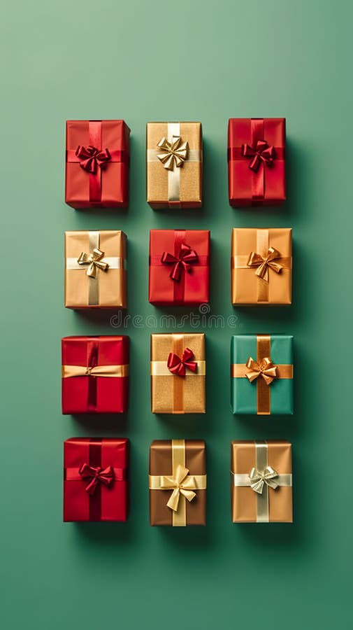 A Group of Different Colored Wrapped Presents on a Green Surface ...