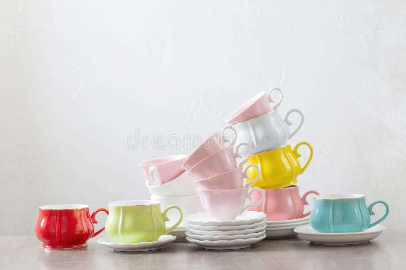 Group of Different Cups on Wooden Table on White Background Stock Image ...