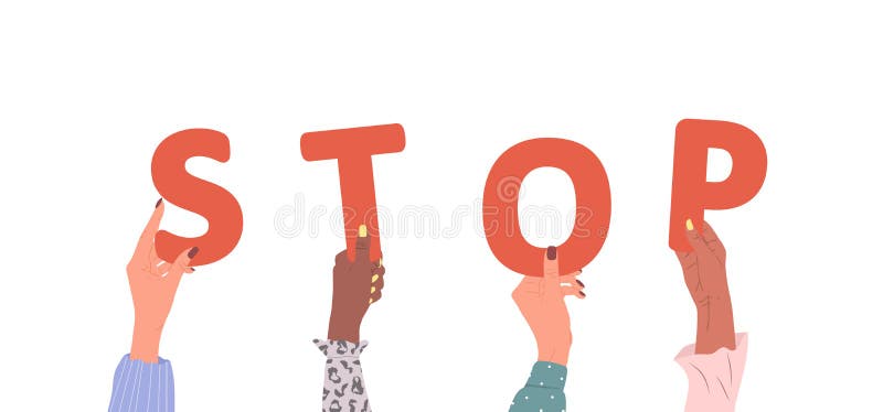 Group of Different Female Hands Holding Red Word Stop. Diverse Multi ...