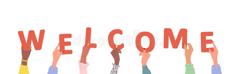 Group of Different Female Hands Holding Red Word Welcome. Diverse Multi ...